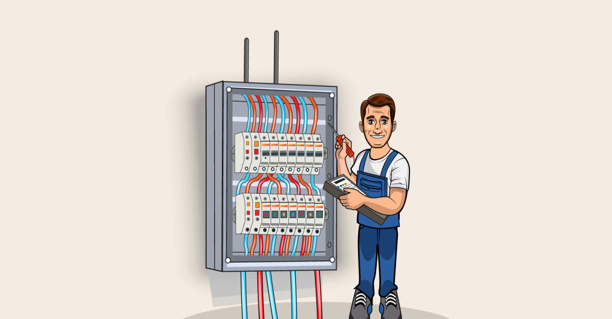 Électricien, vérification, disjoncteur, boîte interrupteur, vecteur ...
