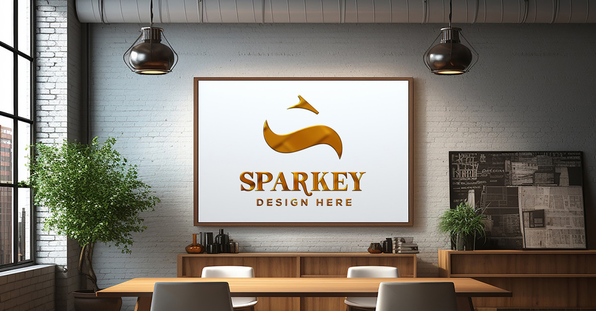 画廊墙壁模型配有桌子和椅子，内部模型墙壁上有空白相框 #383153 - TemplateMonster