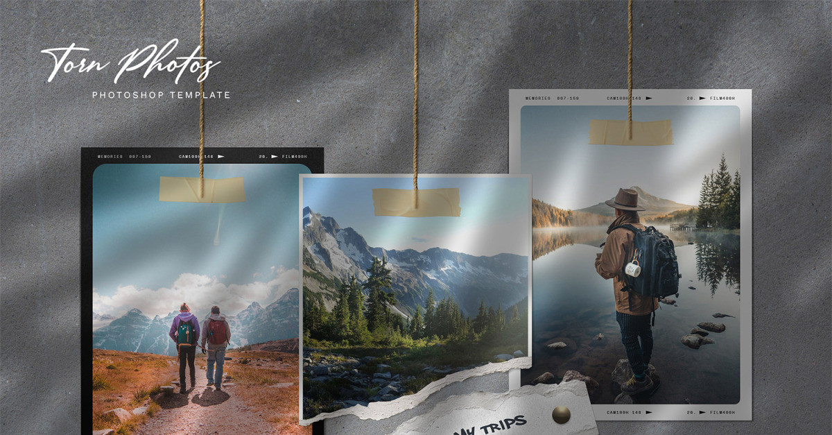 Torn Photos on Threads Photoshop Template - TemplateMonster