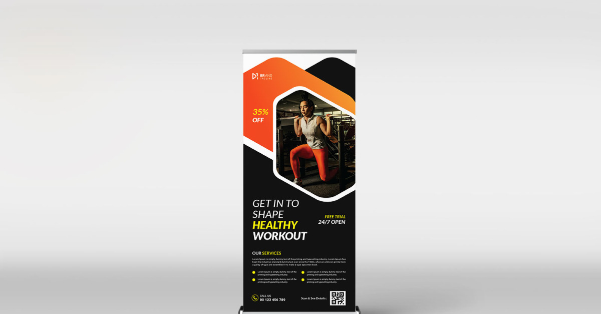 Gym fitness center roll-up banner design template
