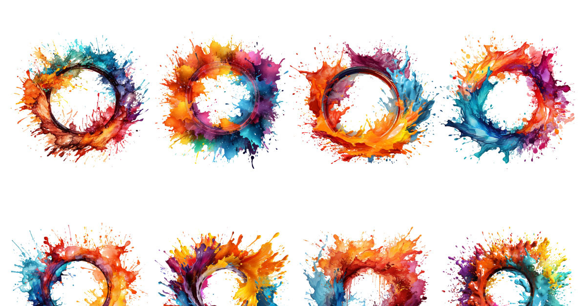 Abstract colorful rainbow splash circle frame set