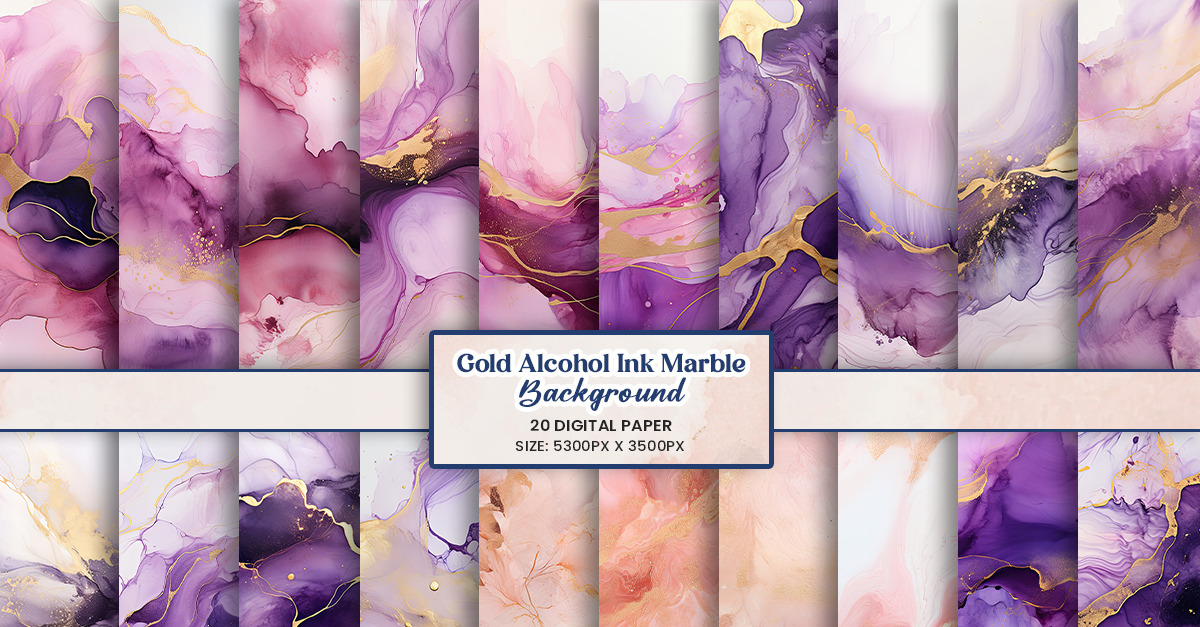 Purple marble alcohol ink painting gold glitter texture background