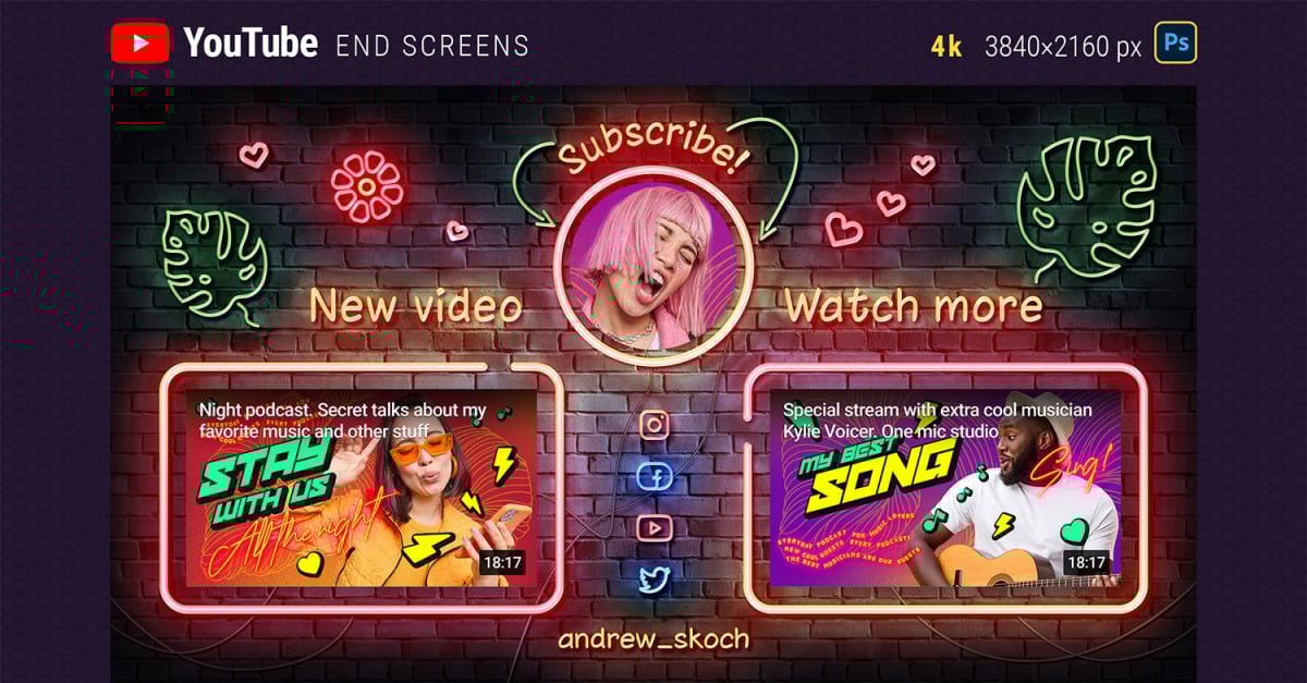 5 Neon YouTube End Screens #395896 - TemplateMonster