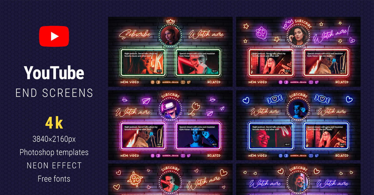 Neon YouTube End Screens for YouTubers - TemplateMonster