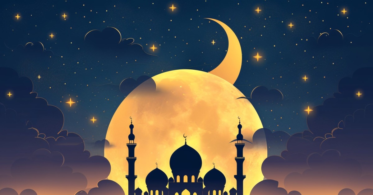 Ramadan Kareem greeting banner design with golden moon and Mosque minar.