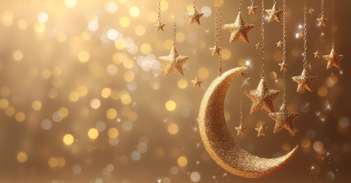Ramadan banner design golden moon with glitter star