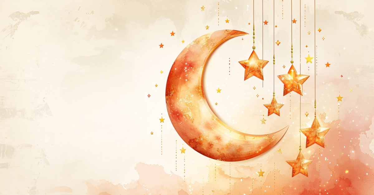 Ramadan Design Golden Moon with stars on pastel background
