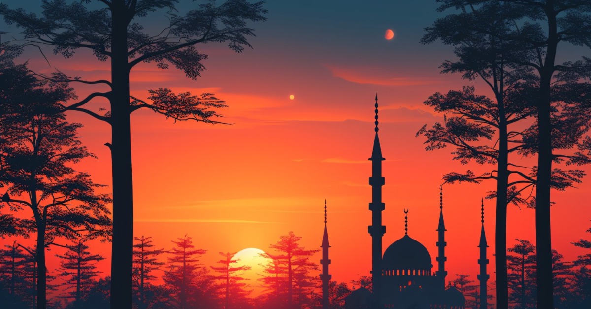 Ramadan Kareem greeting card banner design with trees & mosque minar ...