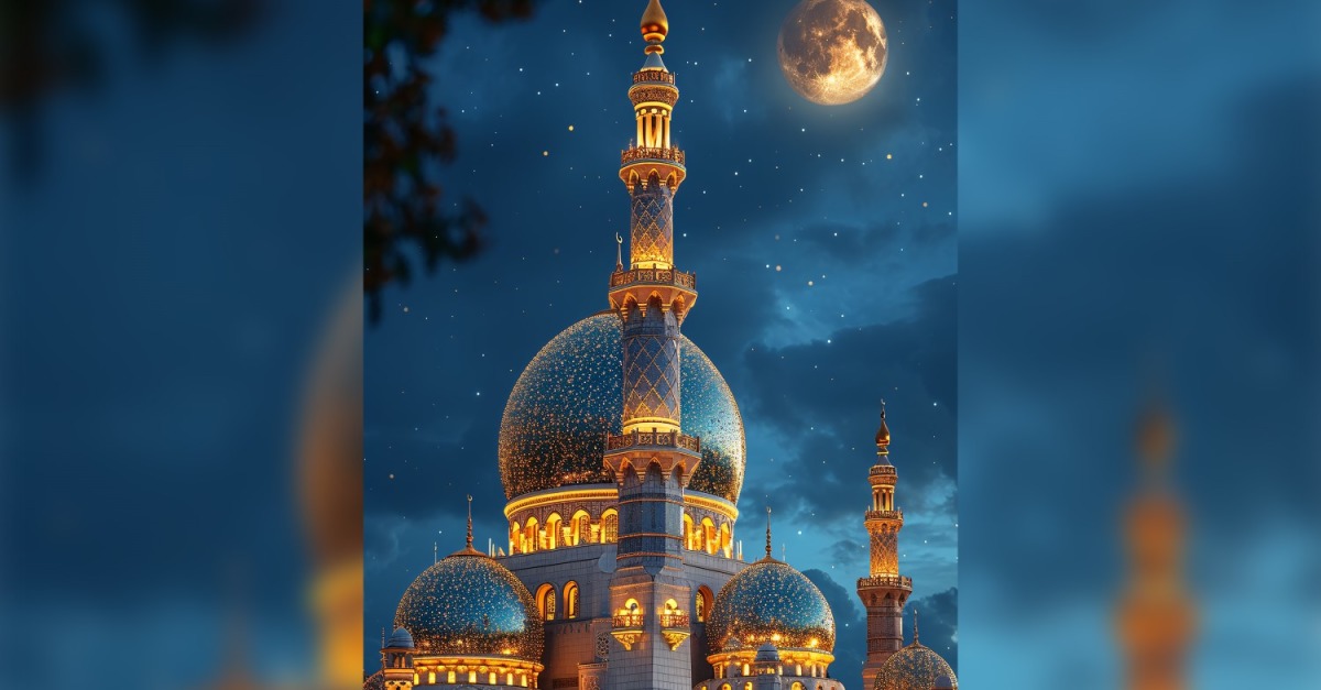 Ramadan Kareem greeting card poster design with golden mosque minar