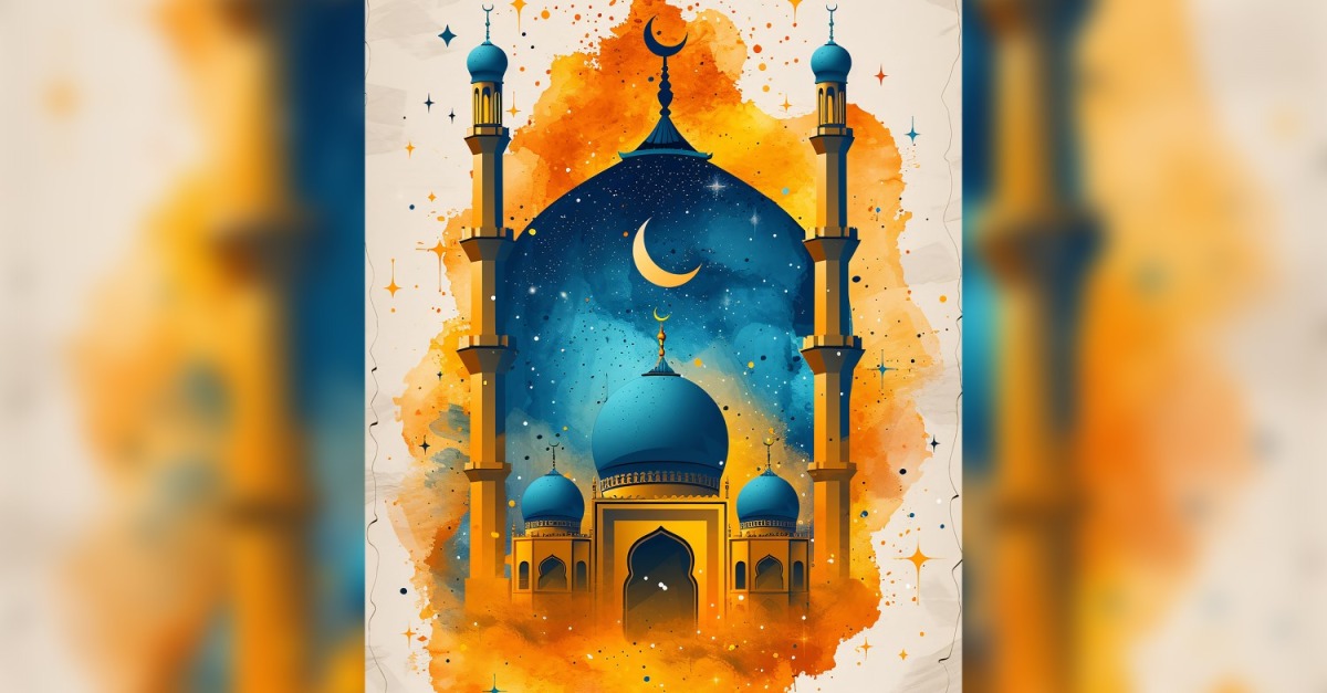 Ramadan Kareem greeting poster design with moon & mosque minar ...