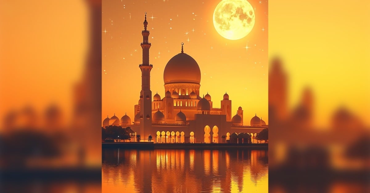 Ramadan Kareem greeting poster design with moon & mosque minar