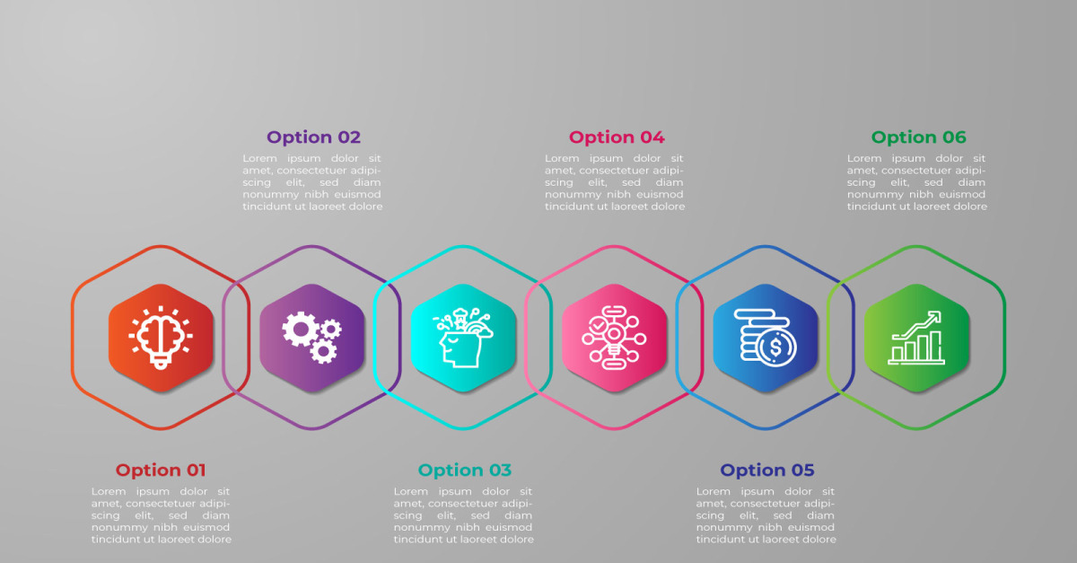 Polygon style six option vector infographic design template.