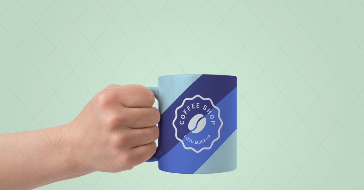 Mug held in hand, customizable with various logo designs and colors