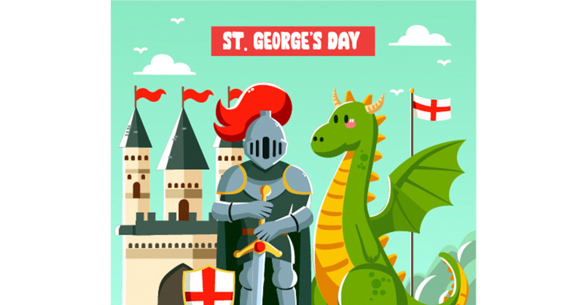 Día de San Jorge plano con ilustración de caballero y dragón