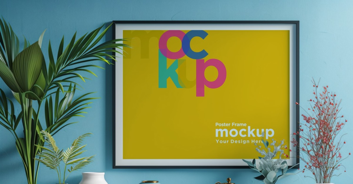 架子 13 上有花瓶和装饰品的海报框架模型 #400974 - TemplateMonster