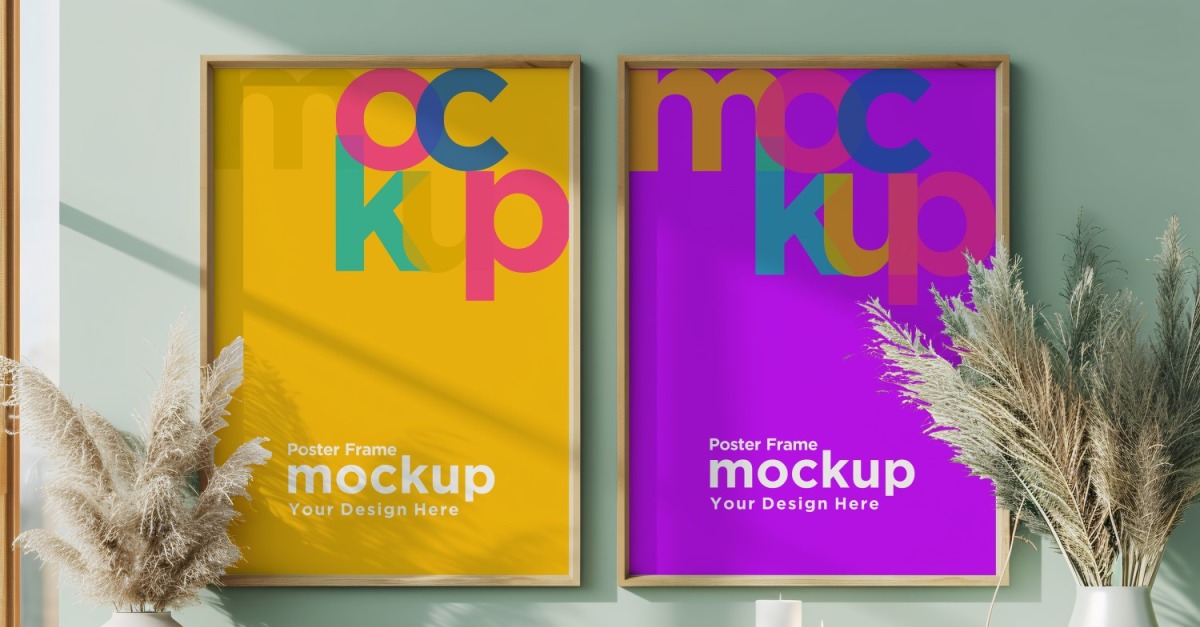 海报框架样机，架子上有花瓶和书籍 32 #401000 - TemplateMonster