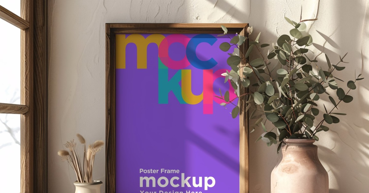 架子上有花瓶的海报框架样机 82 #401054 - TemplateMonster