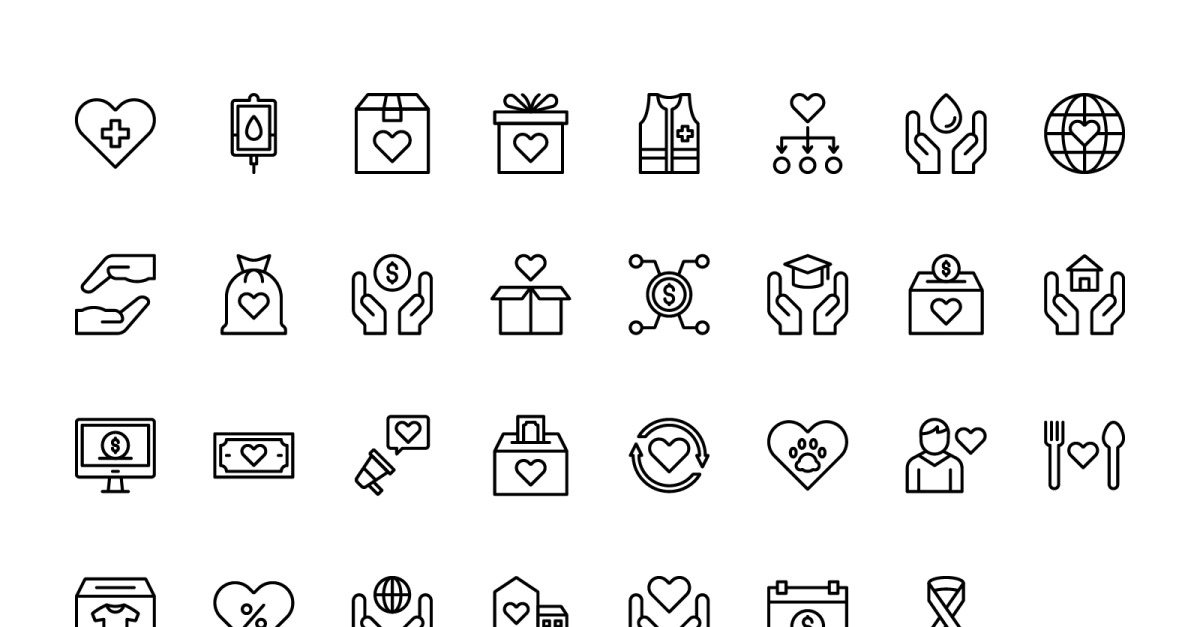 Ready to Use Outline Style Charity Icon Set - TemplateMonster