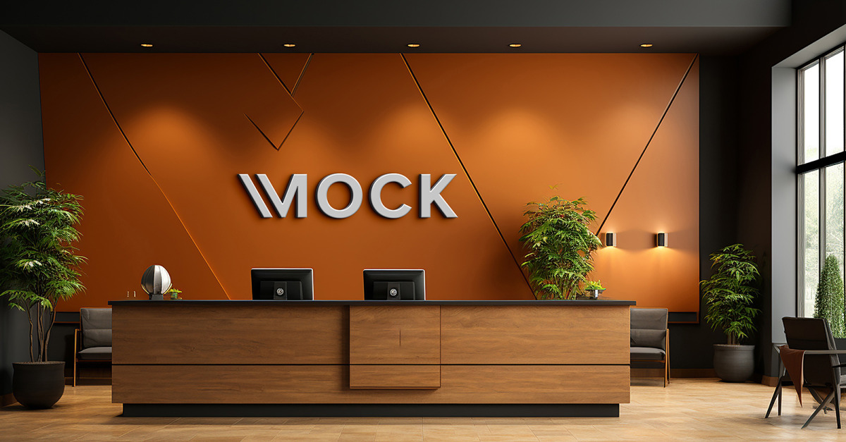 Hotel reception desk logo mockup, Office desk logo mockup