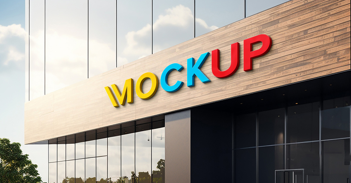 Realistic shop front colorful 3d logo mockup psd yellow blue red color ...