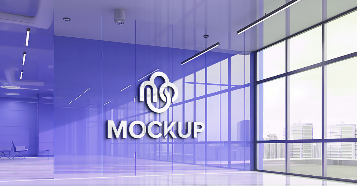 Blue glass wall psd logo mockup Office glass wall logo mockup