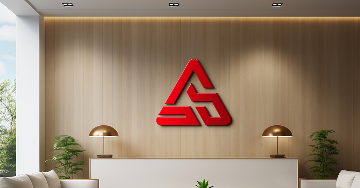 3d office reception desk red logo mockup design psd