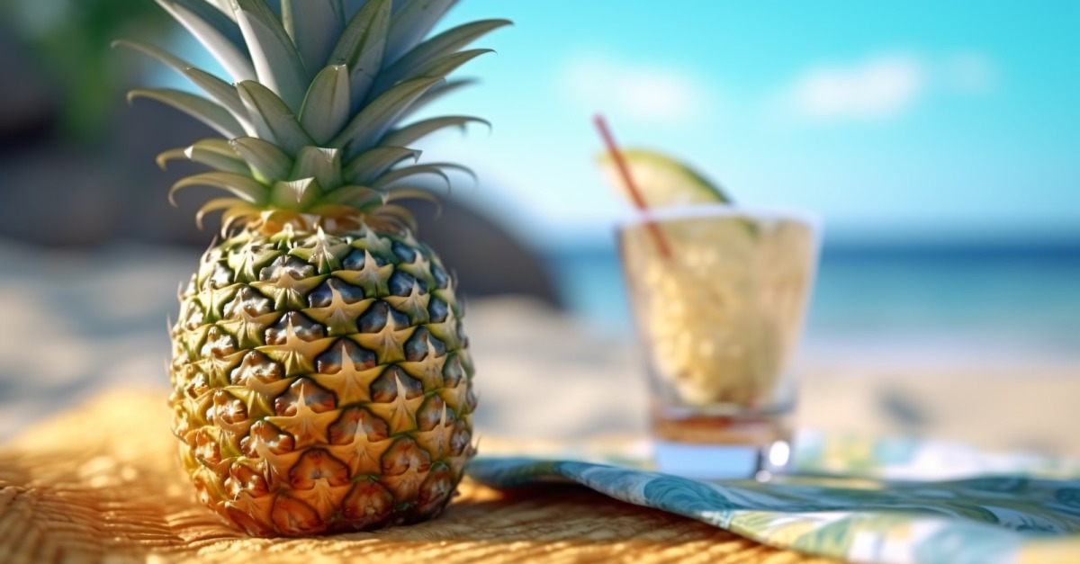 Boisson à l'ananas dans un verre à cocktail et scène de plage de sable 398