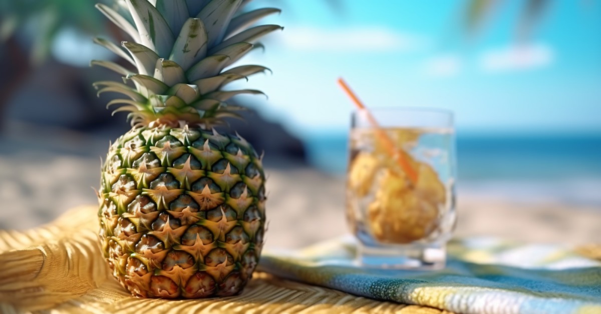 Boisson à l'ananas dans un verre à cocktail et scène de plage de sable 418