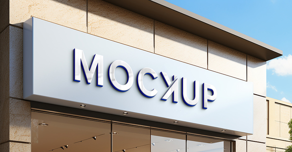 Realistic 3d sign logo mockup on shop facade