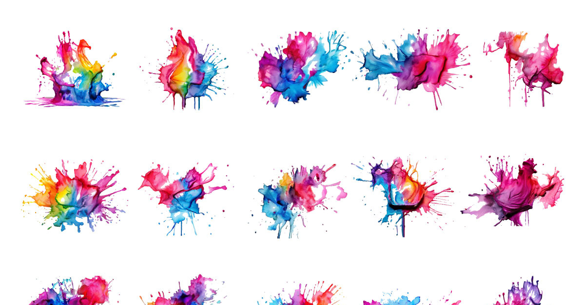 Watercolor ink splatter paint brush, colorful rainbow paint splash