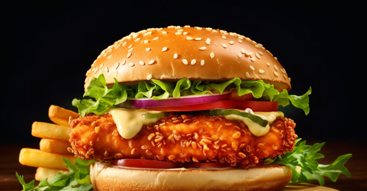 Chicken zinger broast burger on wooden tray with potato 33