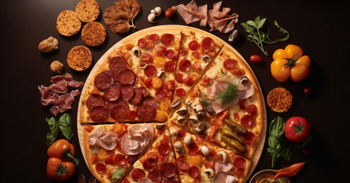 Flatlay Realistic Pepperoni Pizza with Mozzarella cheese 72