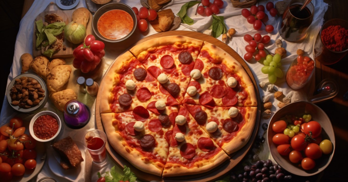 Flatlay Realistic Pepperoni Pizza with Mozzarella cheese 77