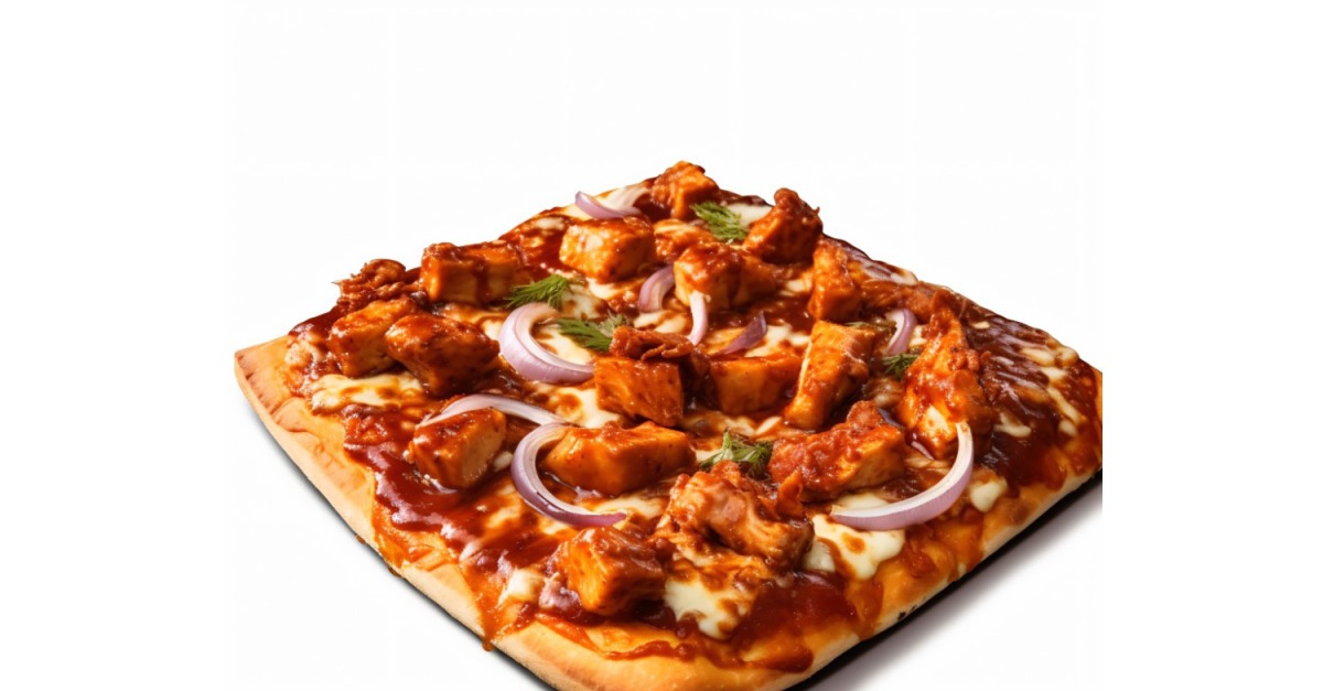 Square BBQ Chicken Pizza On white background 16