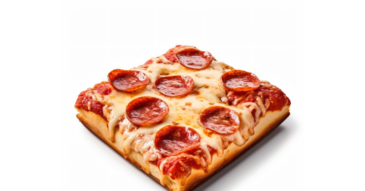 Pizza de pepperoni cuadrada sobre fondo blanco 76