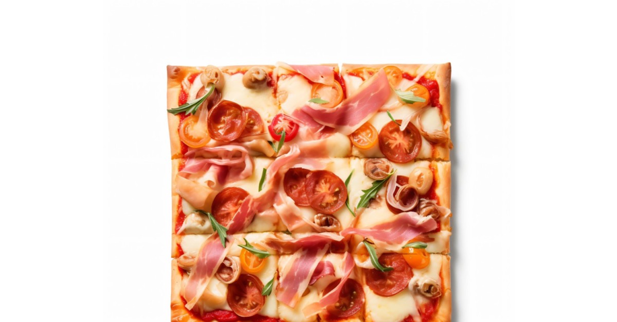 Une pizza carrée avec un carré de pizza dessus Le 75