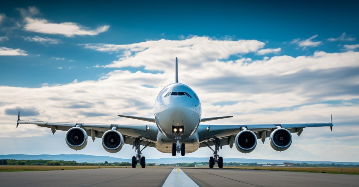 Full wings front view of a Airbus, airline landing on runway 139