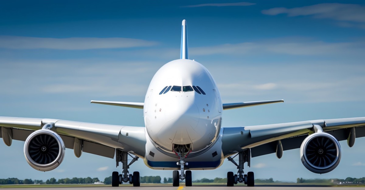 Full wings front view of a Airbus, airline landing on runway 140
