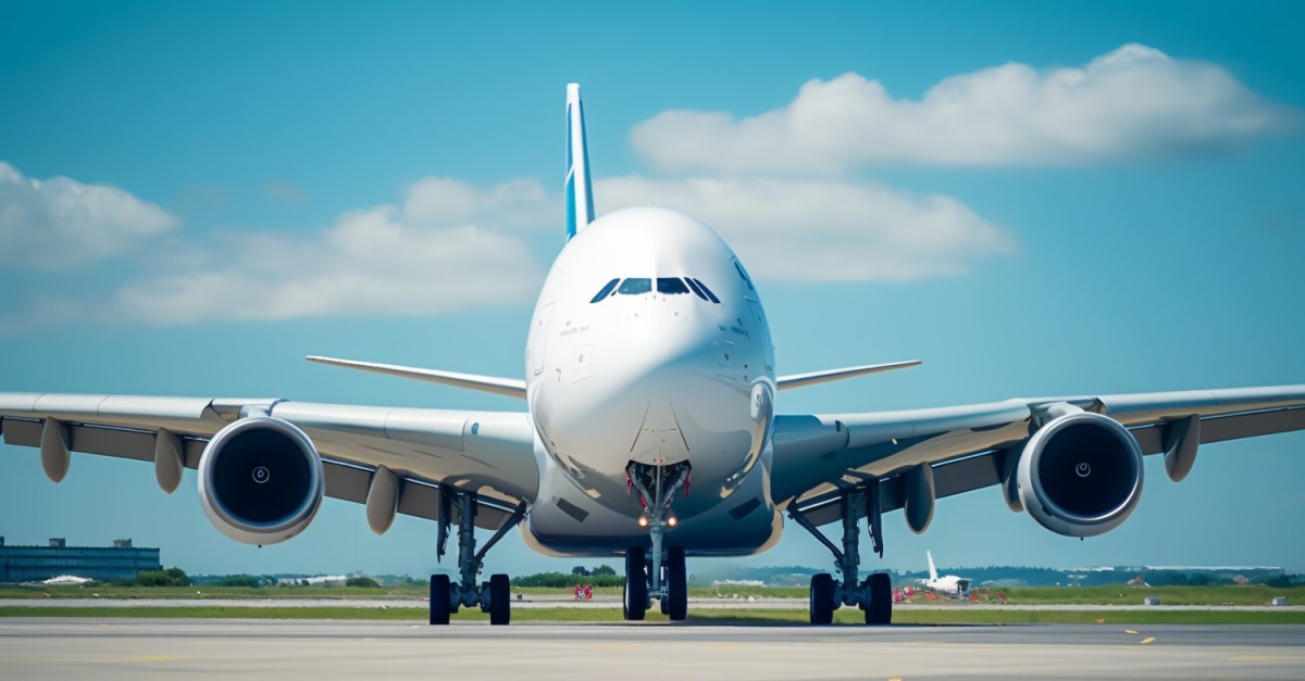 Full wings front view of a Airbus, airline landing on runway 143