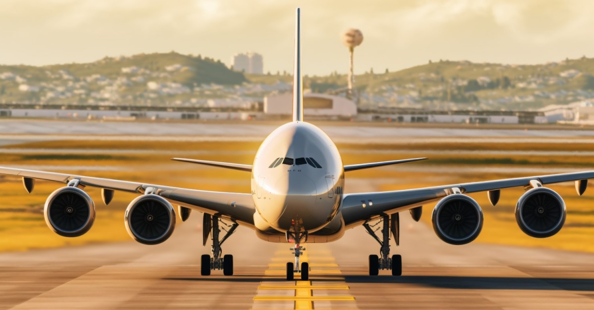 Full wings front view of a Airbus, airline landing on runway 145