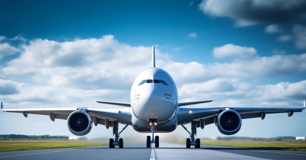 Full wings front view of a Airbus, airline landing on runway 44