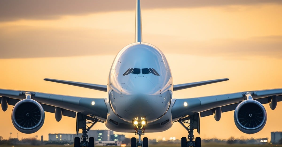 Full wings front view of a Airbus, airline landing 197