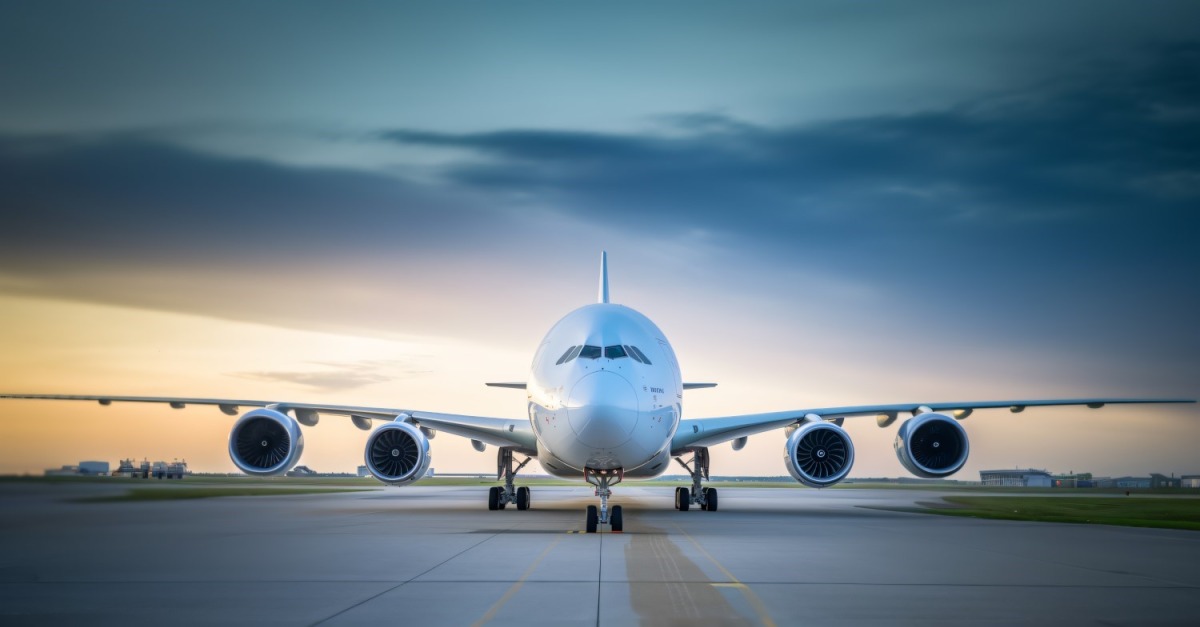 Full wings front view of a Airbus, airline landing 200