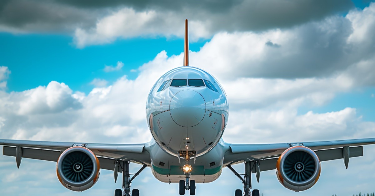Full wings front view of a Airbus, airline landing 248