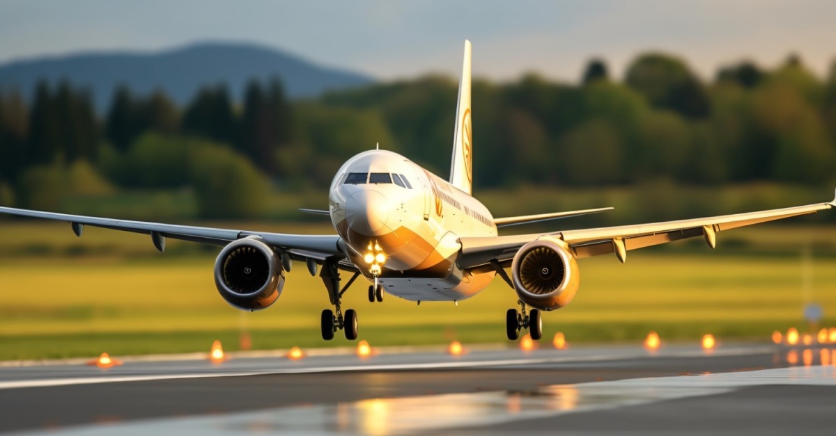 Full wings front view of a Airbus, airline landing 290