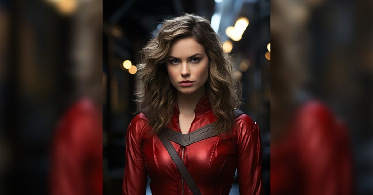 Young female superhero model standing in city street 17