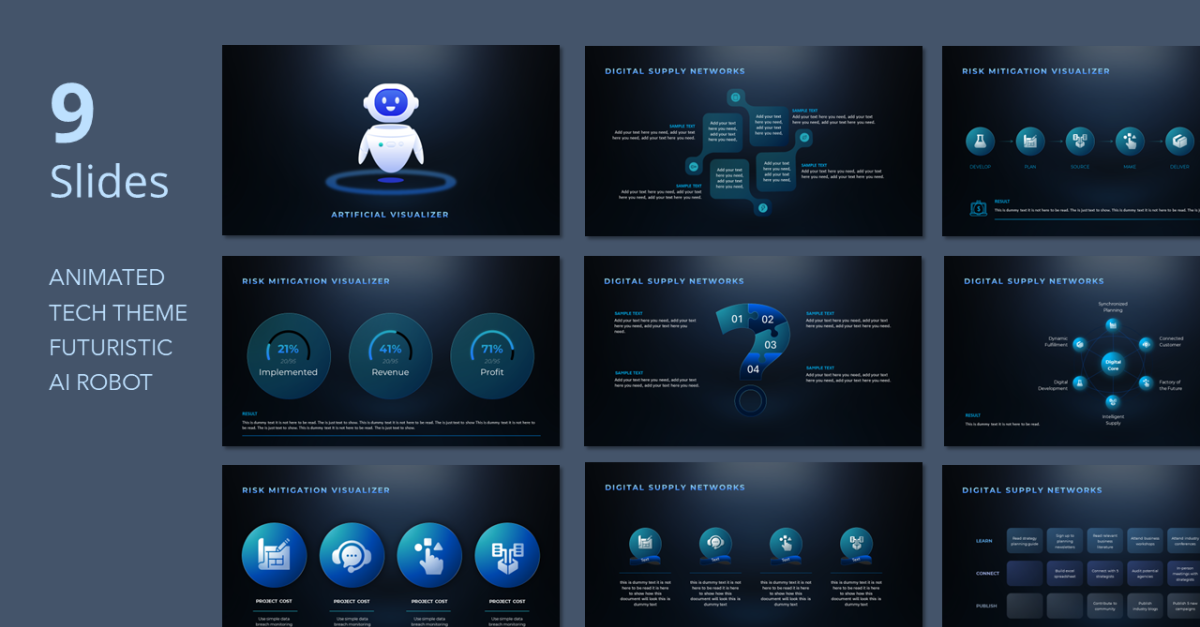 Ai Robot PPT sunum sunumu şablonu animasyonlu slaytlar karanlık tema