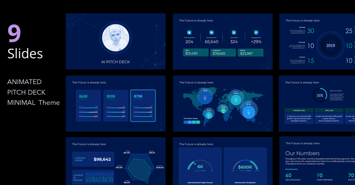 Modelo de slides animados do Ai Pitch deck - TemplateMonster