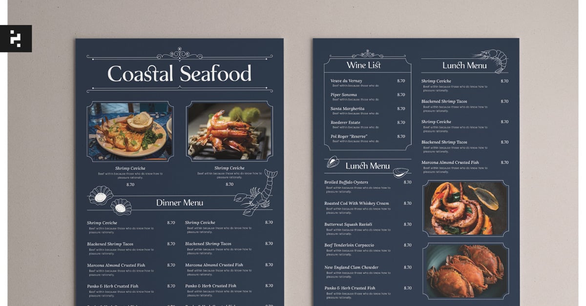 Classic Coastal Seafood Restaurant Menu - TemplateMonster