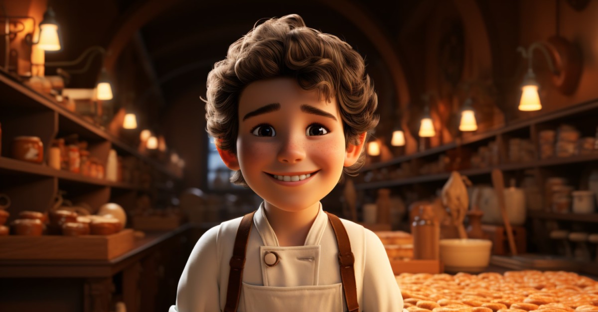 3D pixar Character Child Boy Bake with relevant environment 2
